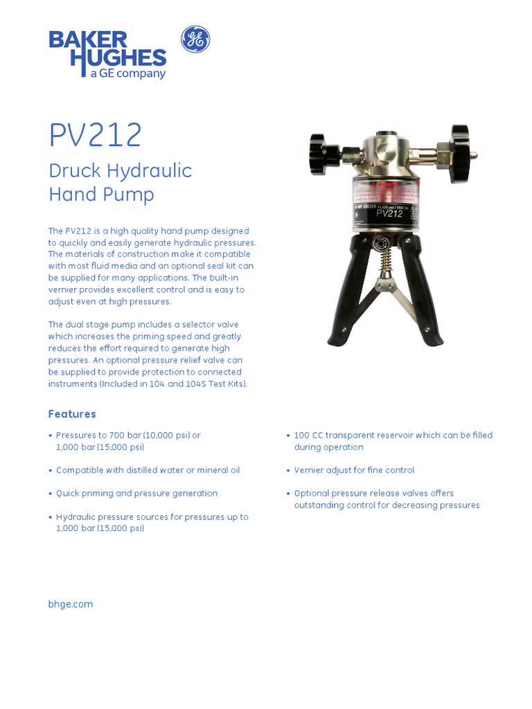 Druck Hydraulic Hand Pump: Features | PDF | Valve | Chemical Engineering