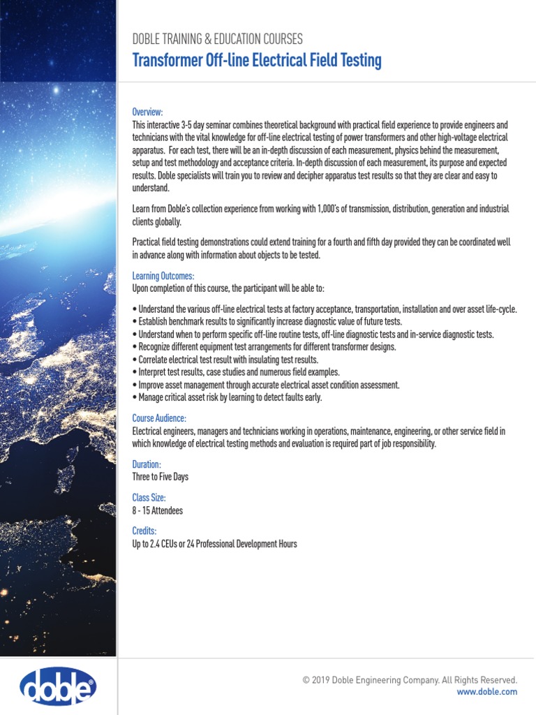 Transformer Off-Line Electrical Field Testing: Doble Training ...