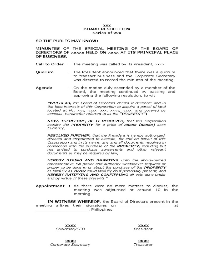 Board Reso - Sample | PDF | Signature | Private Law