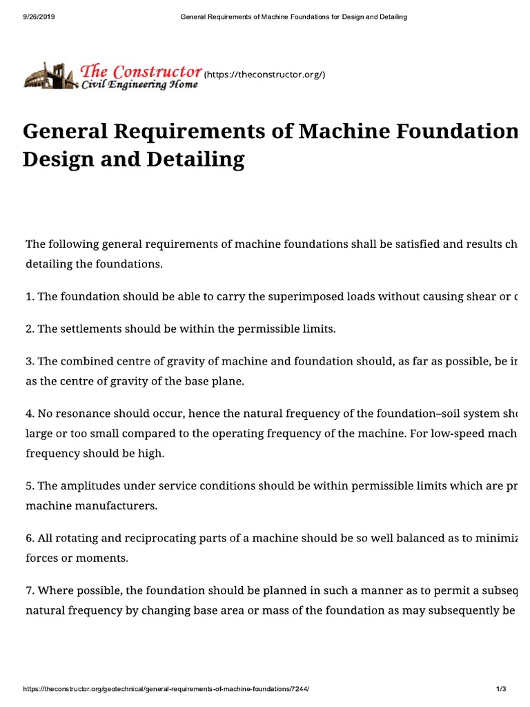 General Requirements of Machine Foundations For Design and Detailing | PDF