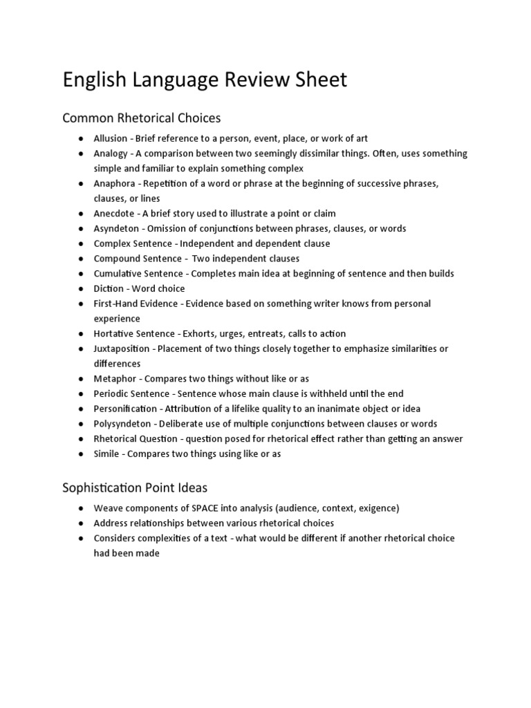 English Language Review Sheet: Common Rhetorical Choices | PDF