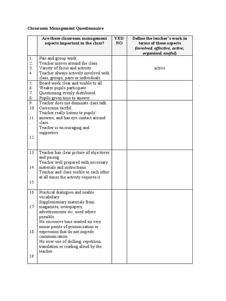 Classroom Management Questionnaire | PDF