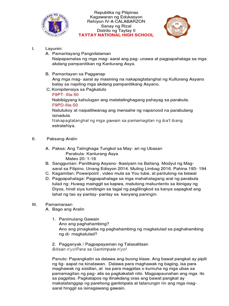 Parabula 3rd GR Demo Mark Lesson Plan PDF | PDF