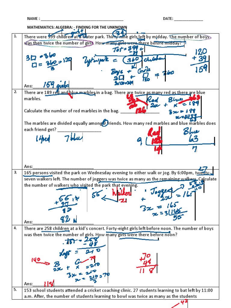 Algebra Sums Finding X Twice and Three Times Amount | PDF | Recreation ...