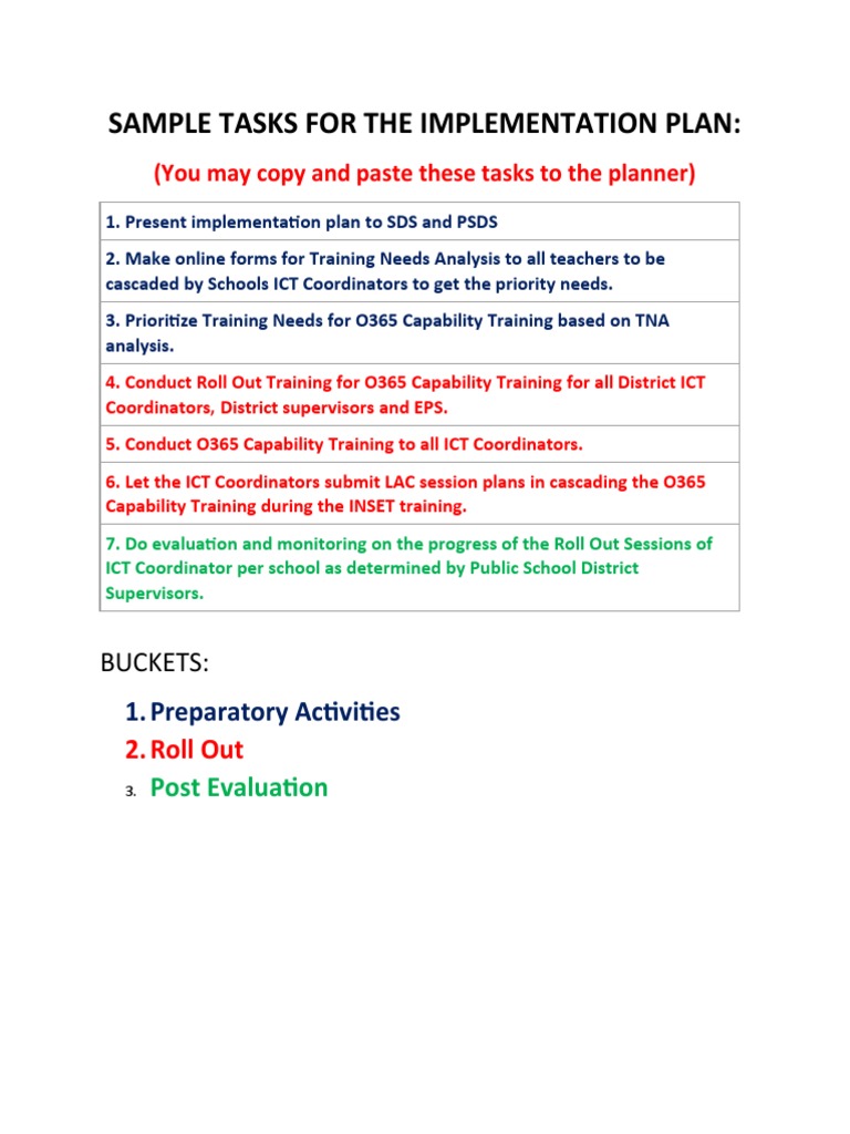 Sample Tasks For The Implementation Plan | PDF