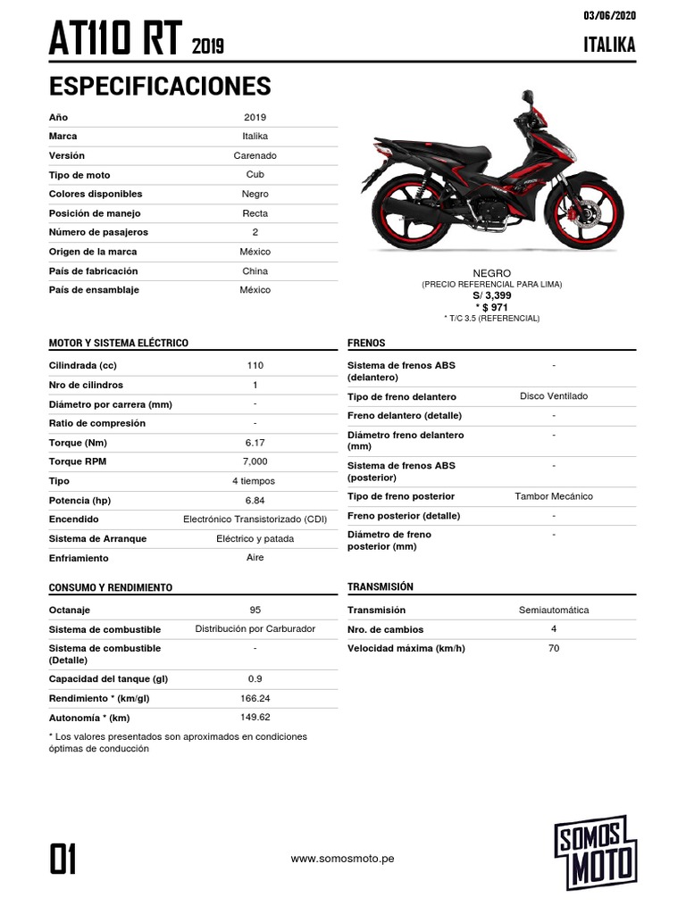 Especificaciones de Italika AT110 RT 2019 | PDF | Esfuerzo de torsión ...