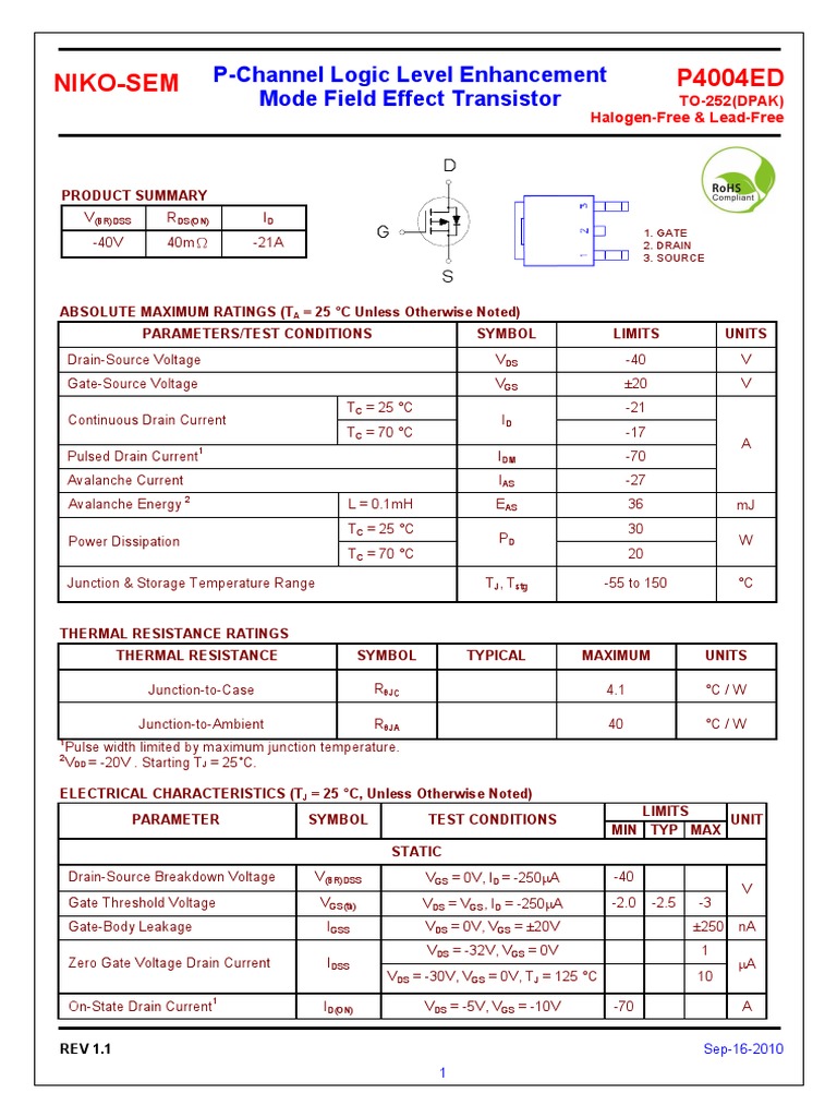 P4004ED Niko-Sem: P-Channel Logic Level Enhancement Mode Field Effect Transistor | PDF | Field ...