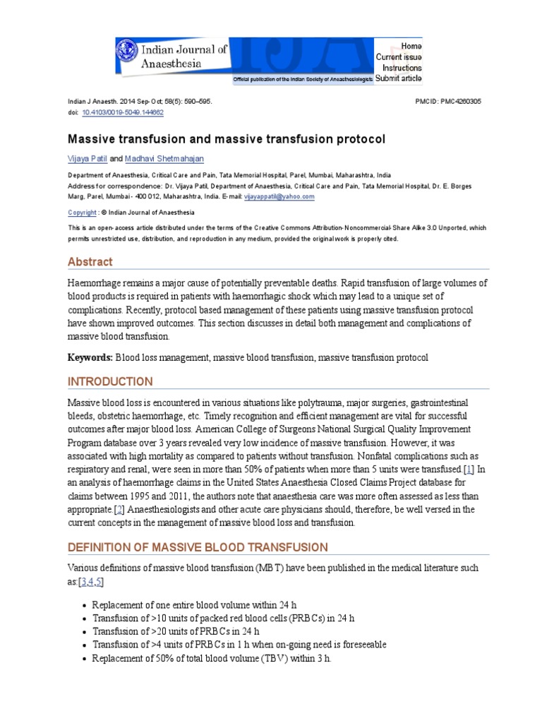Massive Transfusion and Massive Transfusion Protocol | PDF ...