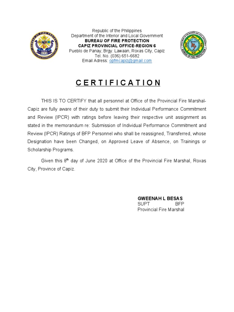 Certification: Republic of The Philippines Department of The Interior ...