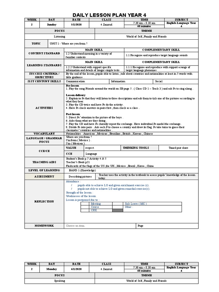 Daily Lesson Plan Year 4: Choose An Item | PDF | Lesson Plan | Teachers