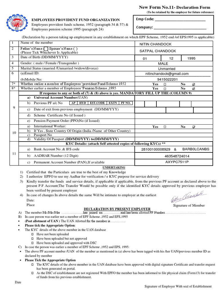 Employees Provident Fund Organization: - Declaration Form | PDF ...