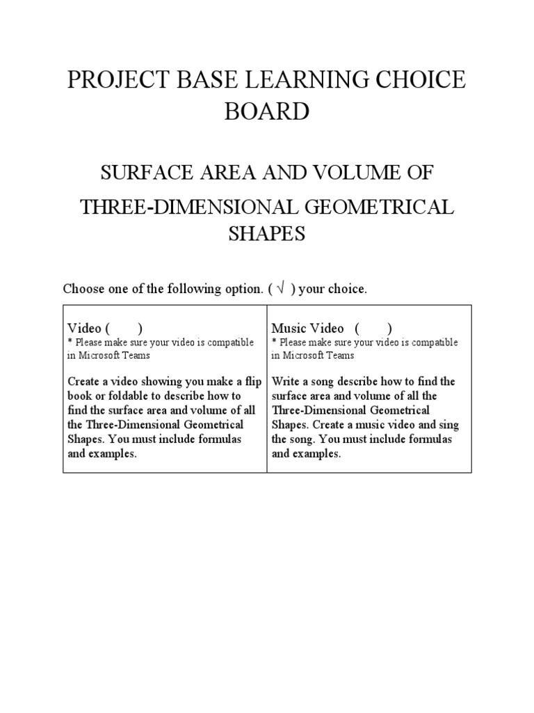 Surface Area and Volume PBL Choice Board Class 1 | PDF