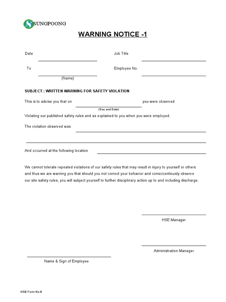 HSE Form No.8 Warning Notice - 1 | PDF | Employee Relations | Labor ...