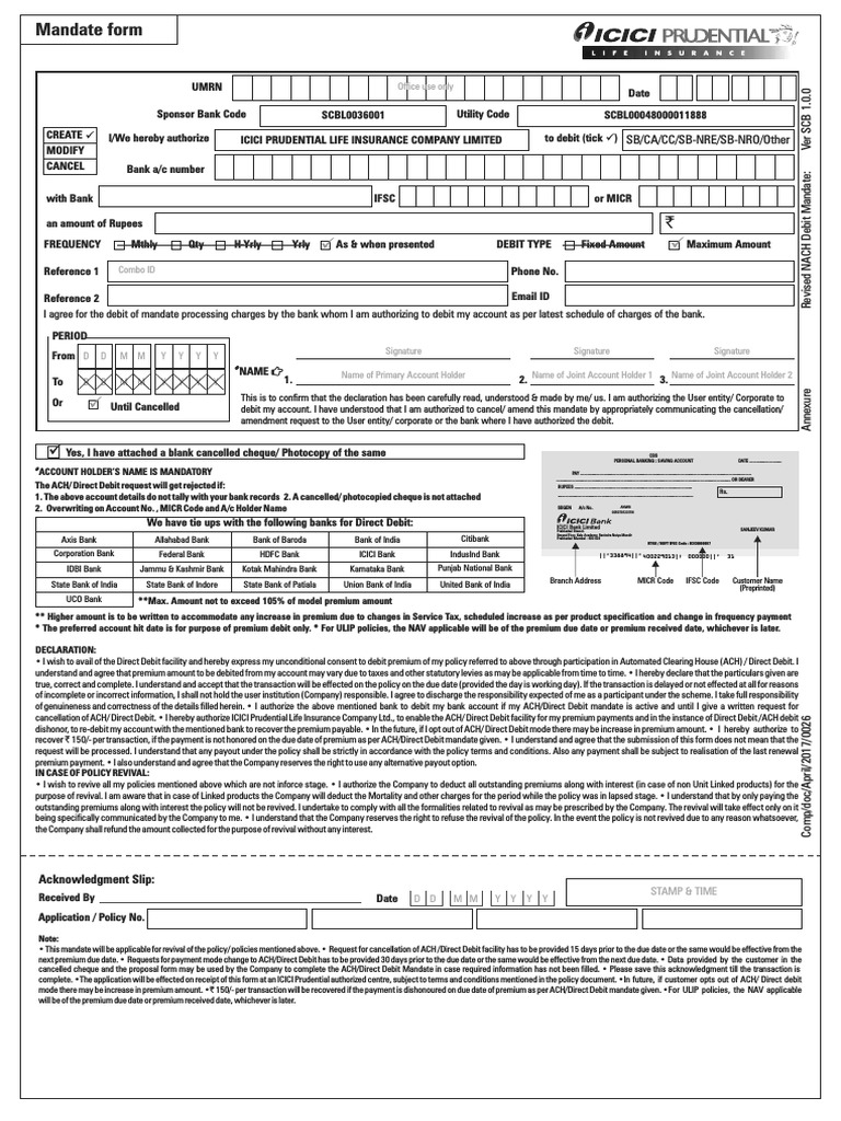 NACH Direct Debit New Mandate Form SCB | PDF | Automated Clearing House ...