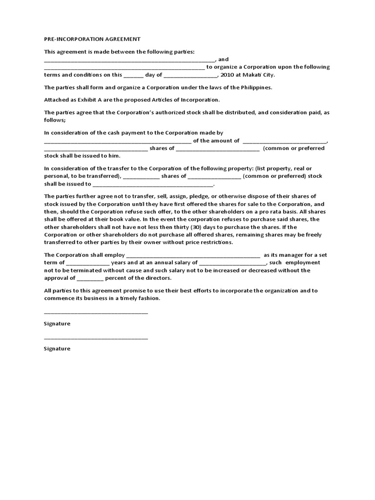 Pre-Incorporation Agreement Template | PDF