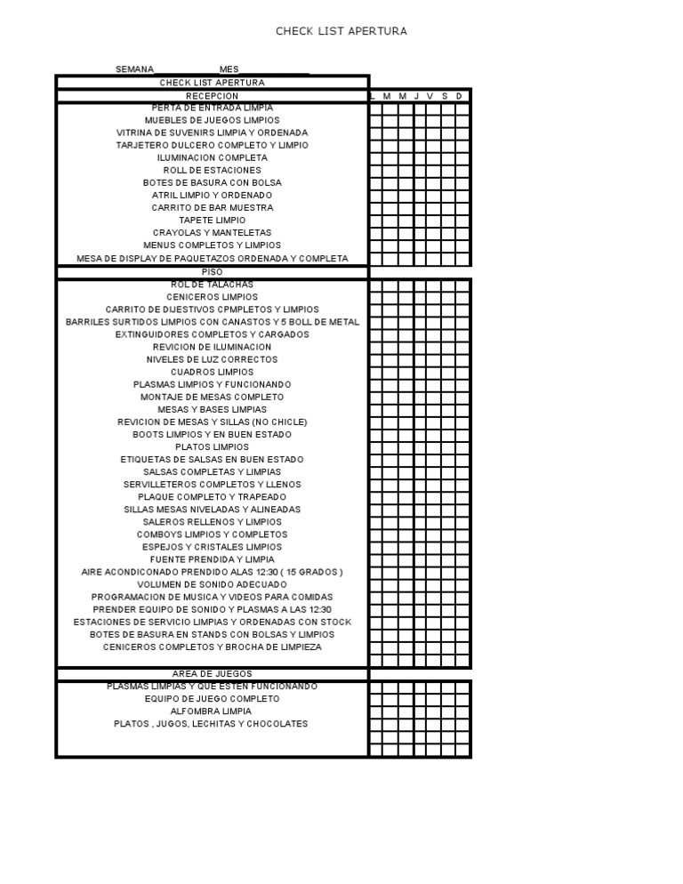 Check List Apertura | PDF