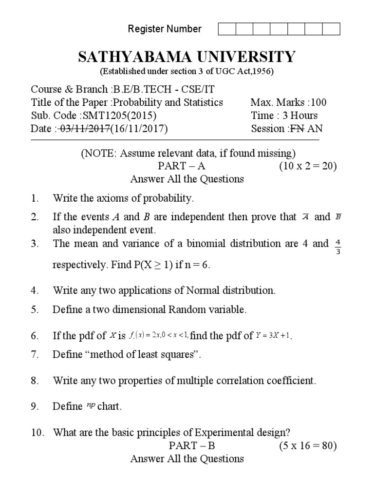 Sathyabama University: Register Number | PDF | Probability Distribution ...