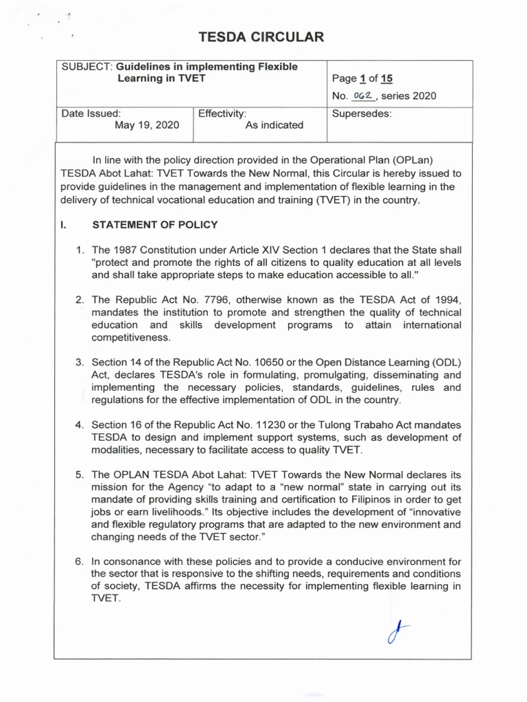 TESDA Circular No. 062-2020 | PDF | Educational Technology | Distance ...