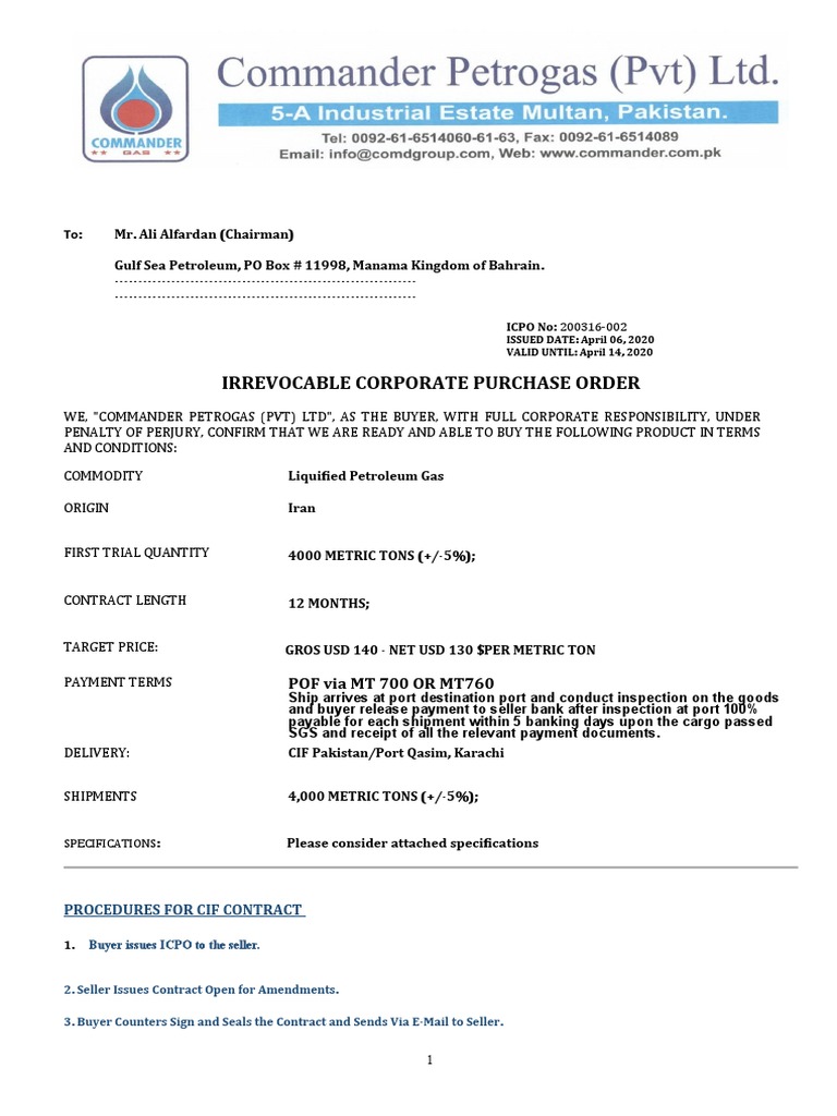 Irrevocable Corporate Purchase Order: POF Via MT 700 OR MT760 ...