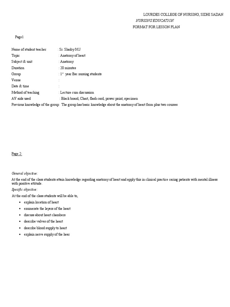 Anatomy of Heart Lesson Plan For Nursing First Year | Download Free PDF ...
