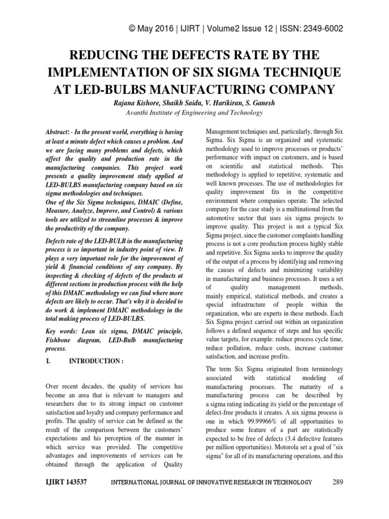 Reducing The Defects Rate by The Implementation of Six Sigma Technique ...