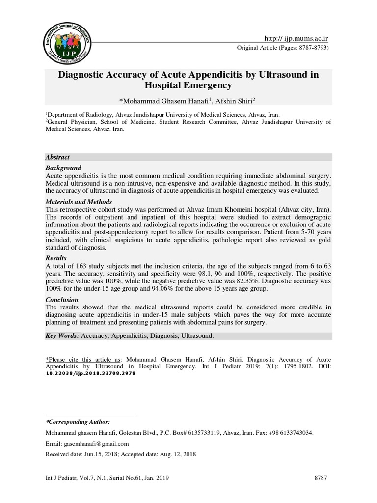 Diagnostic Accuracy of Acute Appendicitis by Ultrasound in Hospital Emergency | Download Free ...