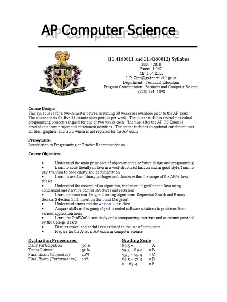 Zinn AP Computer Science Syllabus | PDF | Method (Computer Programming ...