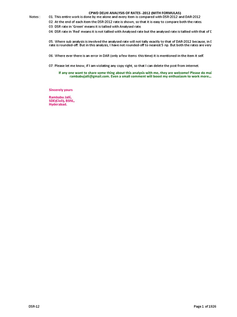 CPWD Rate Analysis 2012 Excel Format | PDF | Lime (Material) | Cement