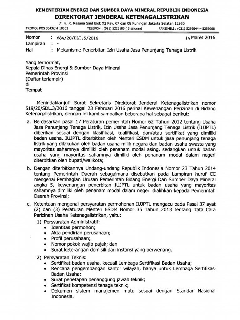 Surat Dirtek - Kadis ESDM Se Indonesia Mekanisme IUJPTL | PDF