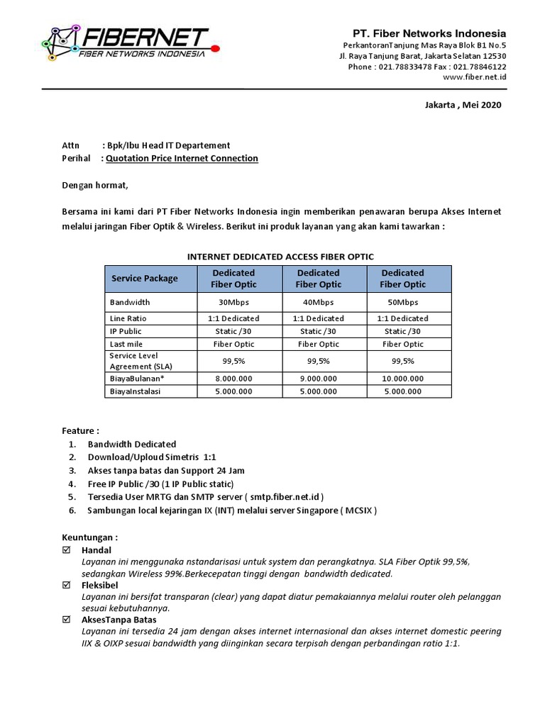 Penawaran Dedicated Internet Fibernet 2020 | PDF