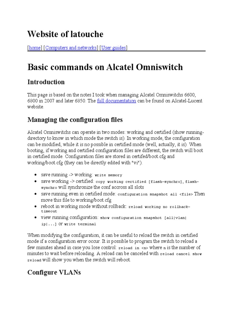 Basic Commands and Configuration of Alcatel Omniswitch Switches: VLANs ... Basic Commands and Configuration of Alcatel Omniswitch Switches: VLANs ...