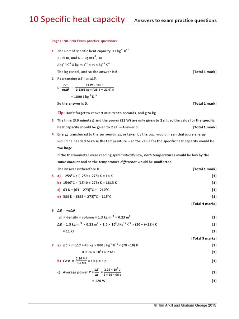 10 Specific Heat Capacity: Answers To Exam Practice Questions | PDF ...