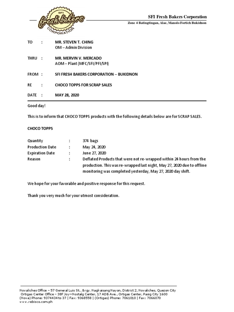 Request Letter For Choco Topps Scrap Sales 20200528 Signed PDF | PDF