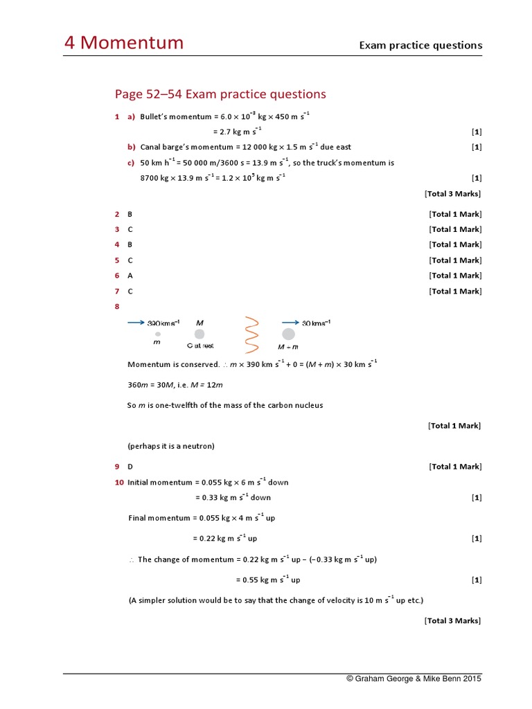 4 Momentum: Page 52-54 Exam Practice Questions | PDF | Momentum | Force