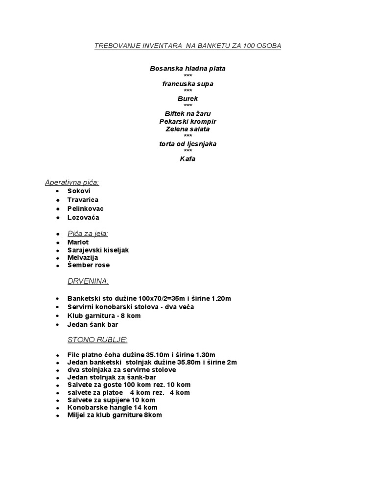 Trebovanje Inventara Na Banketu Za 100 Osoba | PDF