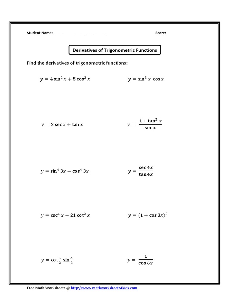 Trigonometric Derivatives Worksheet | PDF