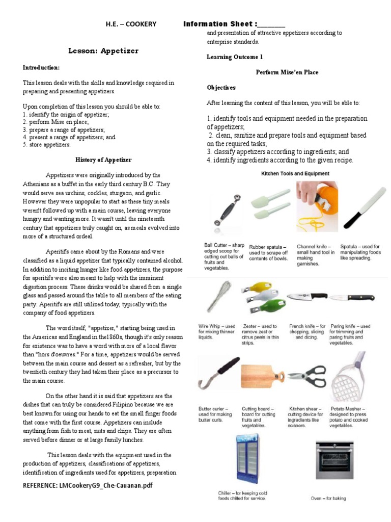 H.E. - Cookery Lesson: Appetizer: Learning Outcome 1 Perform Mise'en ...