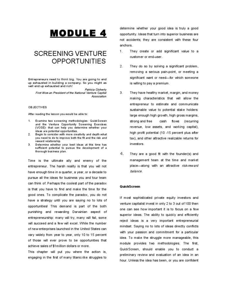 Screening Venture Opportunities Guide | PDF | Entrepreneurship | Market ...