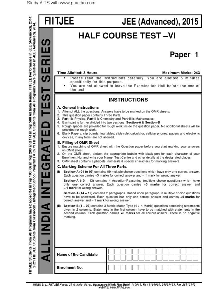 Fiitjee Aits Paper | PDF | Rotation Around A Fixed Axis | Physical ...