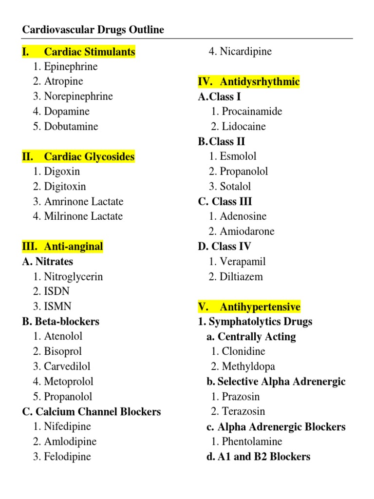 Cardiovascular Drugs Classification List | PDF | Drugs | Pharmacology