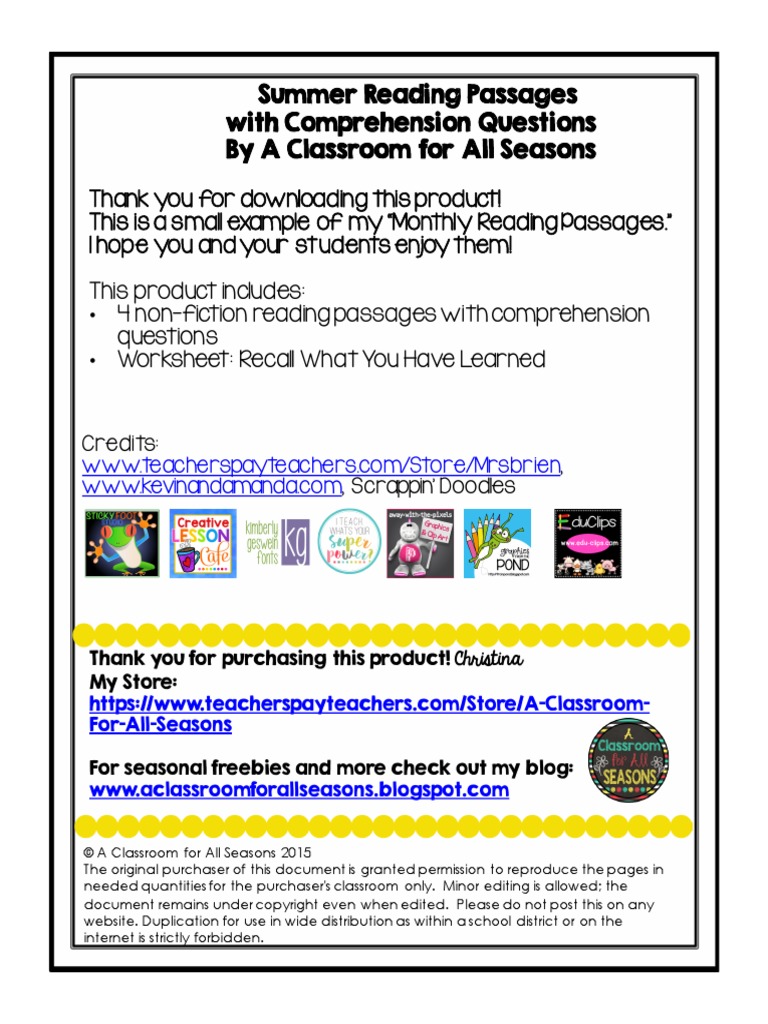 Summer Reading Passages With Comprehension Questions by A Classroom For ...