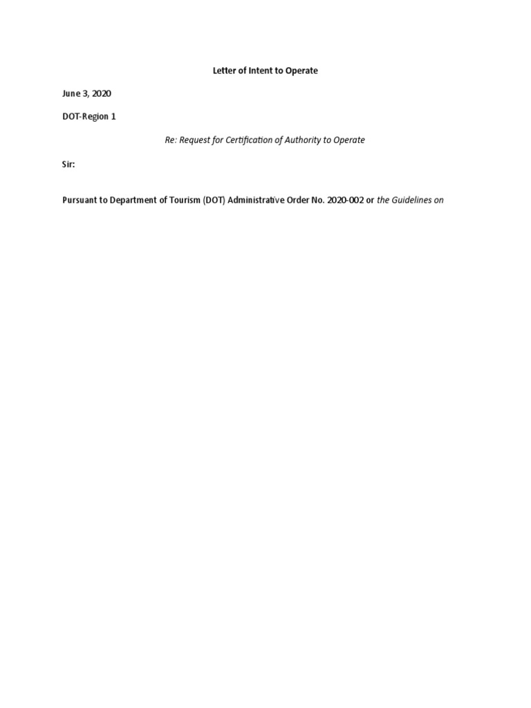 Letter of Intent To Operate | PDF