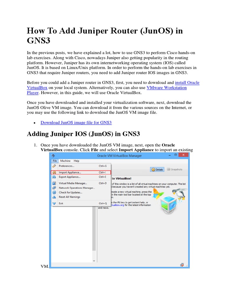How To Add Juniper Router (JunOS) in GNS3 | PDF | Virtual Machine | Juniper Networks