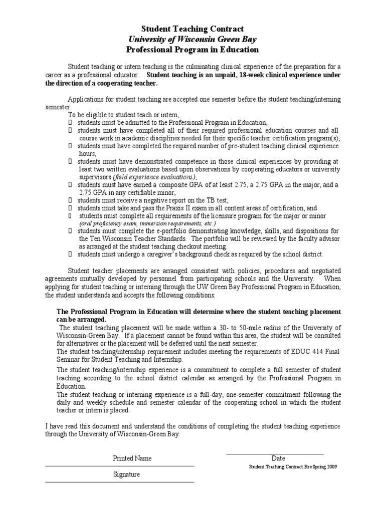 University of Wisconsin Green Bay: Student Teaching Contract ...