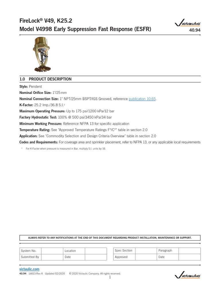 Firelock V49, K25.2 Model V4998 Early Suppression Fast Response (Esfr) | PDF | Fire Sprinkler ...