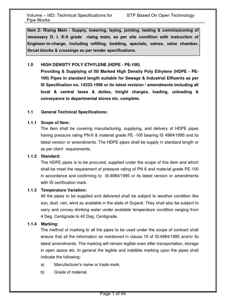 Volume-IIID Technical Specification of Pipe Works | PDF | Pipe (Fluid ...