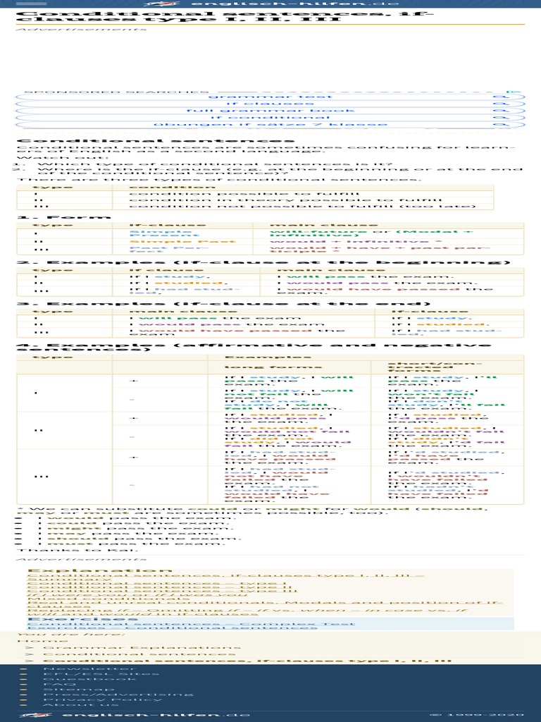 Conditional Sentences, If-Clauses Type I, II, III | PDF | Clause ...