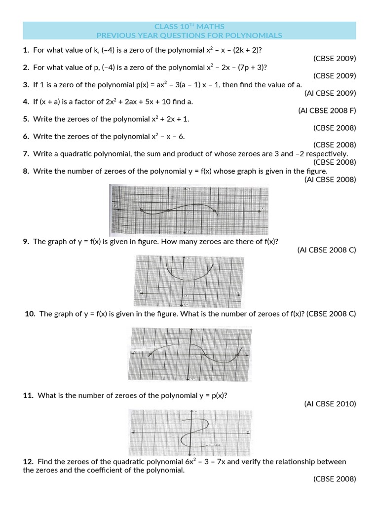 CLASS 10TH Previous Year QB Polynomials | PDF | Polynomial ...