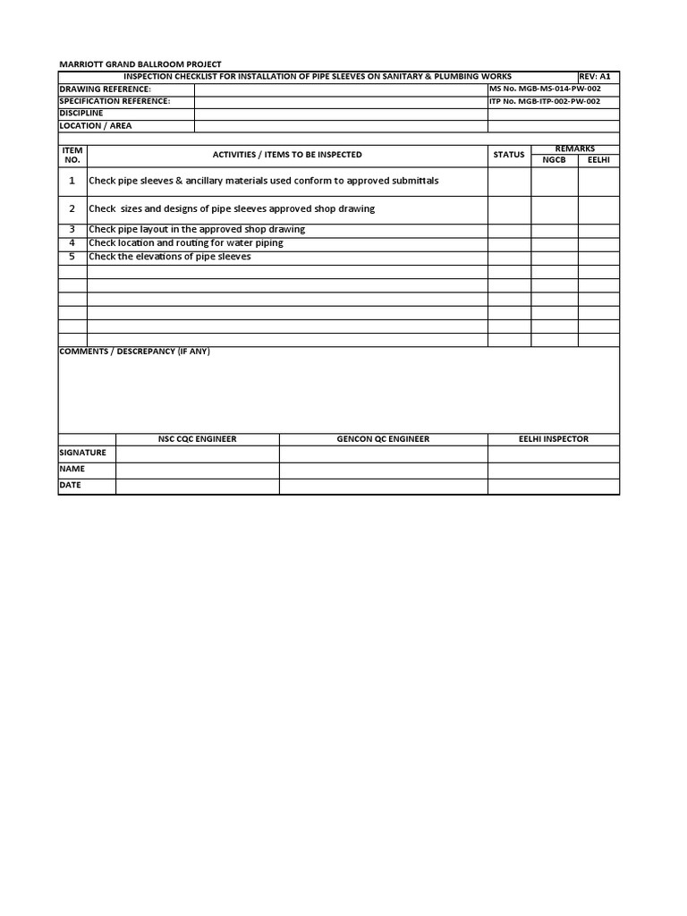 Check List For Installation and Incoming Materials For Pipe Sleeves ...
