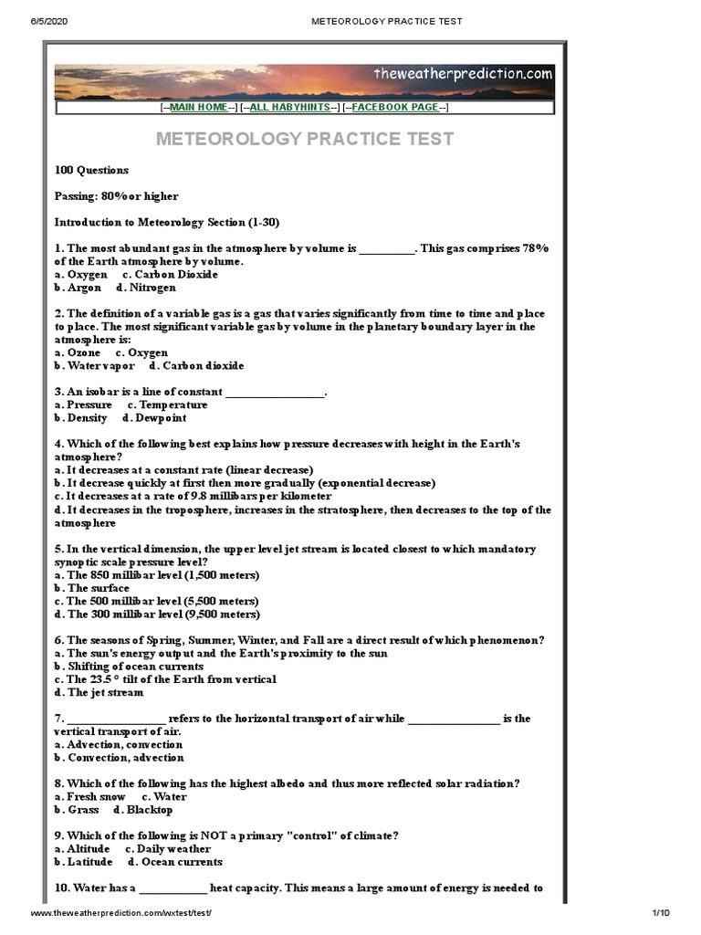 Meteorology Practice Test | PDF | Climate | Tropical Cyclones